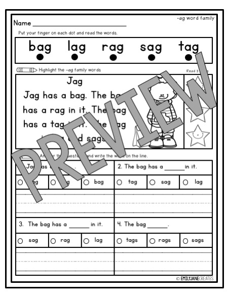 Emily Jane Creates: READING COMPREHENSION PASSAGES-CVC WORD FAMILY WORDS