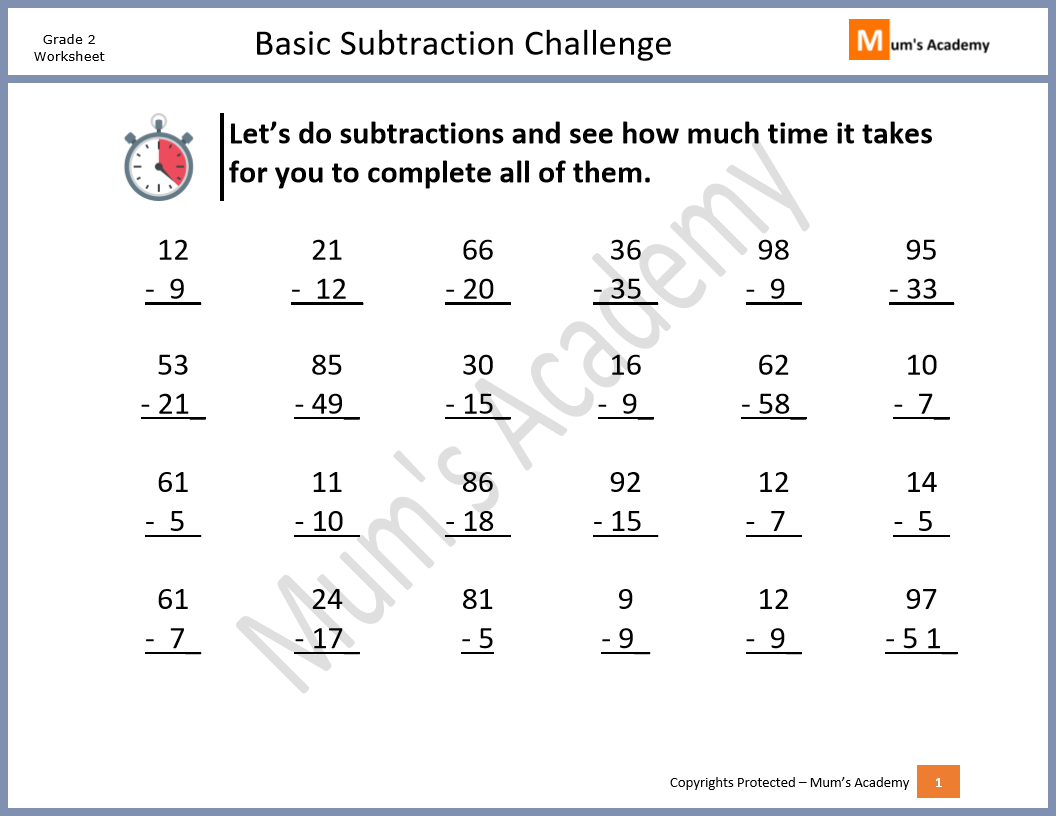 Grade 2 - Worksheet - 2 Minutes Subtraction Challenge - Mum's Academy