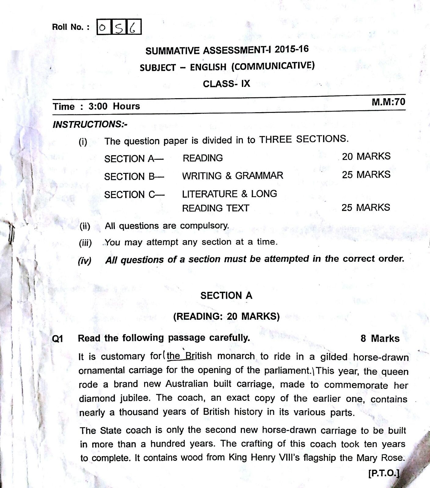 Obelisk Tutorials: CBSE Class 9th English Practice Paper for SA