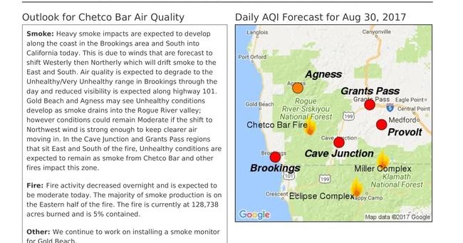 Smoke Forecast for Chetco Bar Fire -- Aug. 30, 2017
