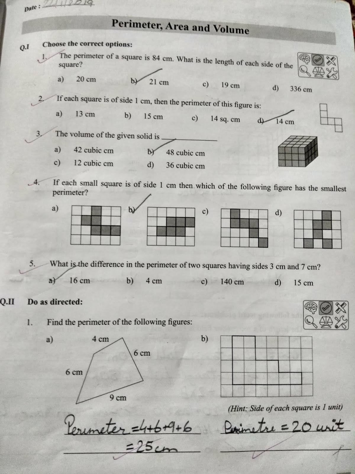 PIS BARODA STD-4: Math Perimeter Area and Volume (Workbook Exercise)