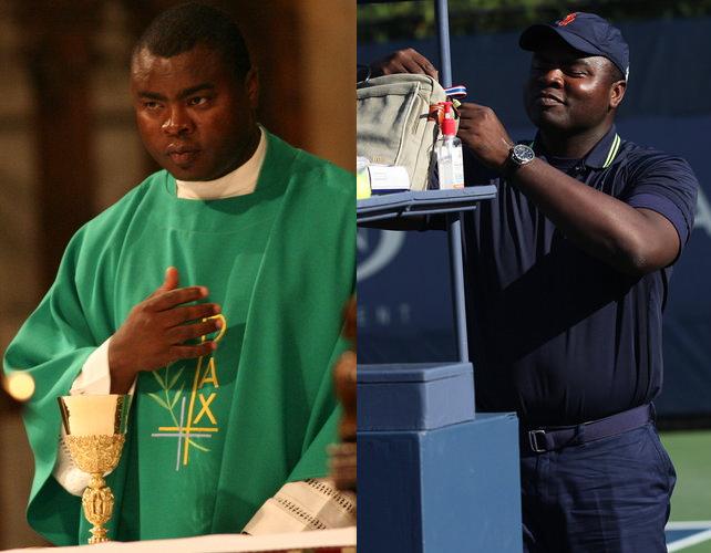 The City and the World: NYT: Priest officiates play from above.