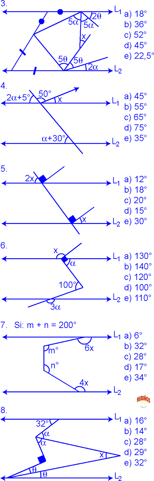 Ángulos entre rectas paralelas EJERCICIOS Y PROBLEMAS RESUELTOS PDF