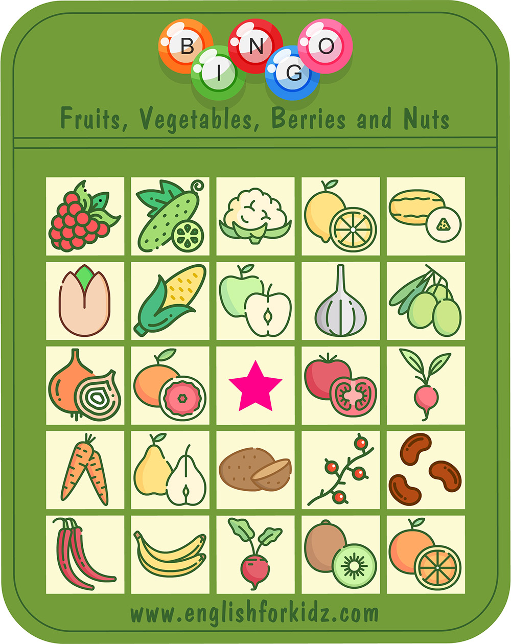 English for Kids Step by Step: Fruits and Vegetables Bingo Game