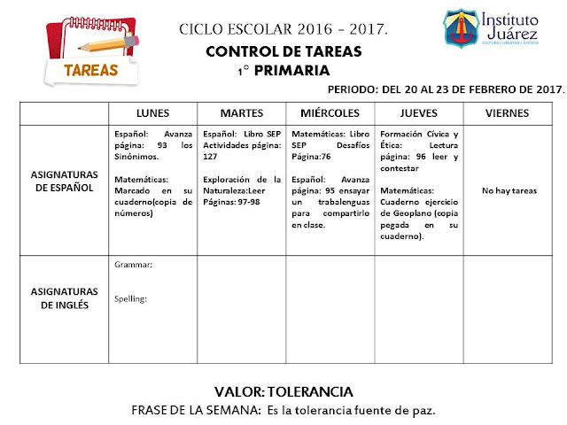 Instituto Juárez 1° Primaria: Tareas de la semana 20 a 23 de febrero 2017