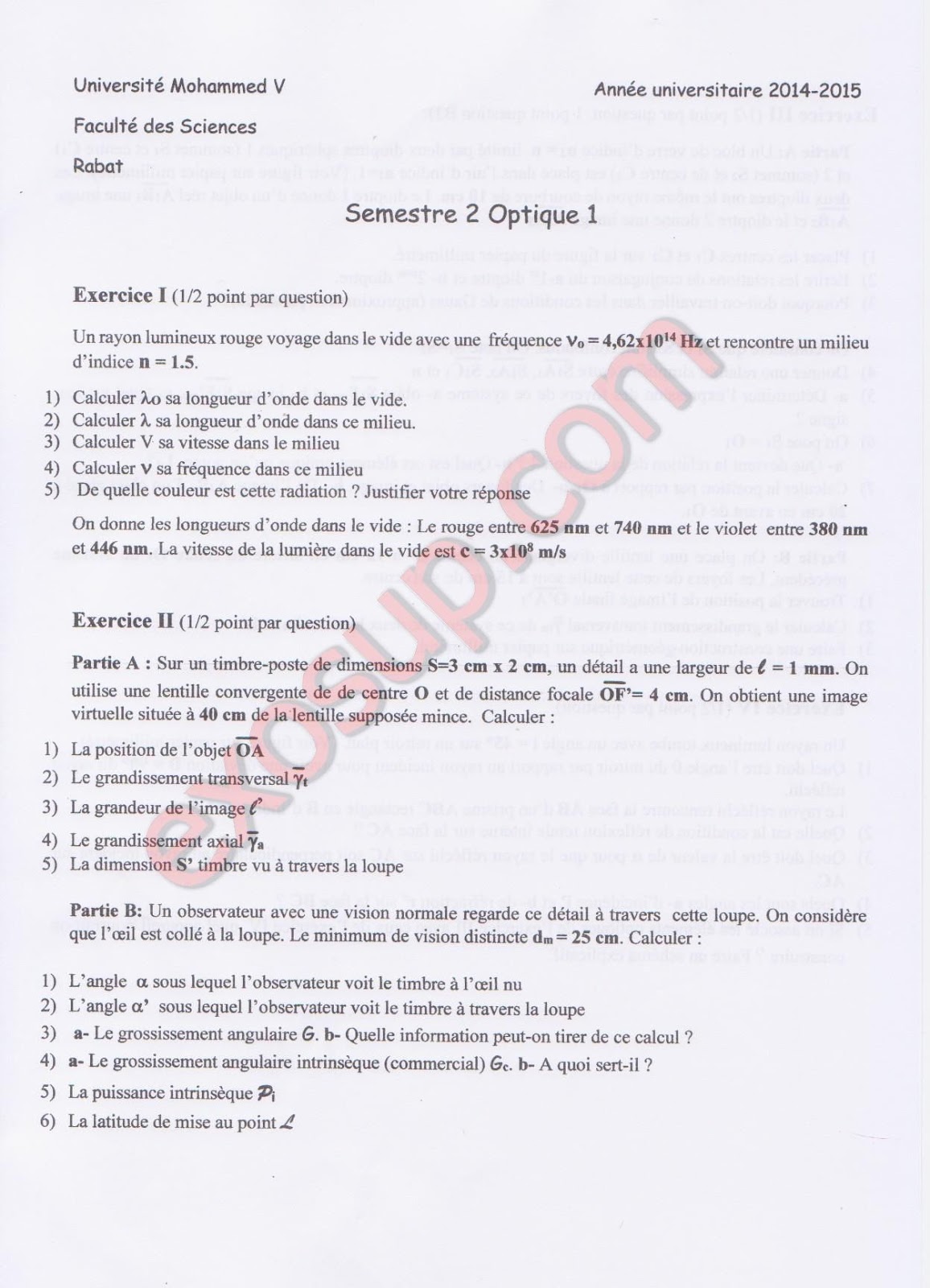 EXAMEN D`OPTIQUE - Fonds De Couverture