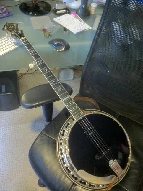 The Jet Black Kavanjo Banjo head - Note the black bridge.