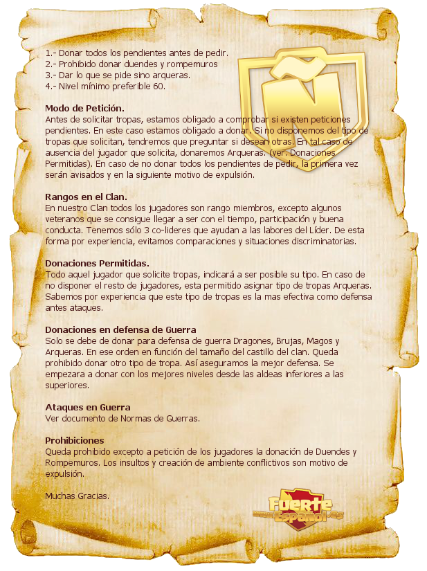 Fuerte Español (Clash of Clans): Normas del Clan