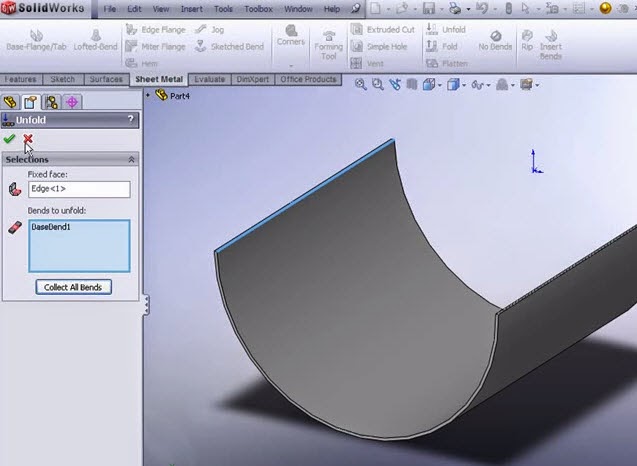 How to create a simple rolled sheetmetal part with SolidWorks Sheet ...