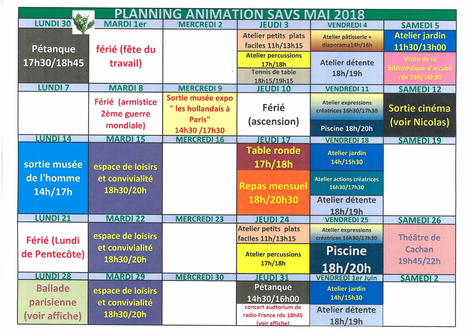 Avançons Ensemble...: PLANNING ANIMATIONS MAI 2018