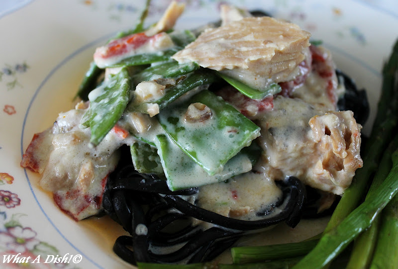 What A Dish!: Smoked Salmon Primavera with Squid Ink Pasta