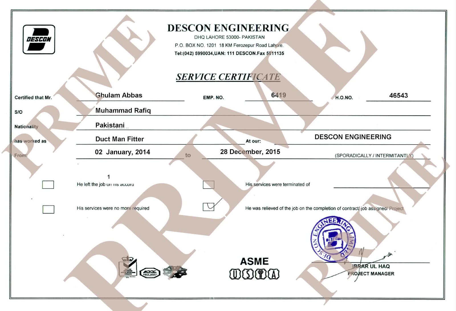 Prime Composing Center: Experience Certificates