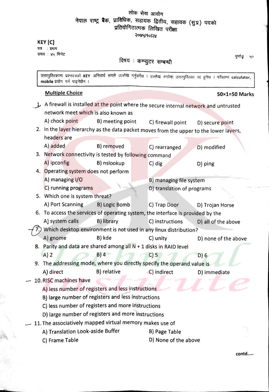 SK Technical Institute : Assistant Second (Computer) Question of Nepal ...