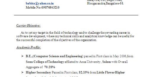 Computer Science and Engineering Fresher Student CV Format with Project ...