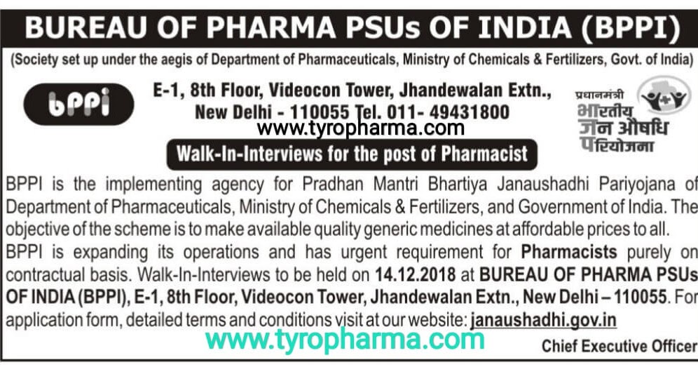 Pharmacists Job at BPPI - BUREAU OF PHARMA PSUs OF INDIA