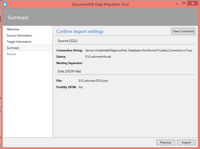 HodentekMSSS: Migarting from SQL to JSON using DocumentDB migration tool