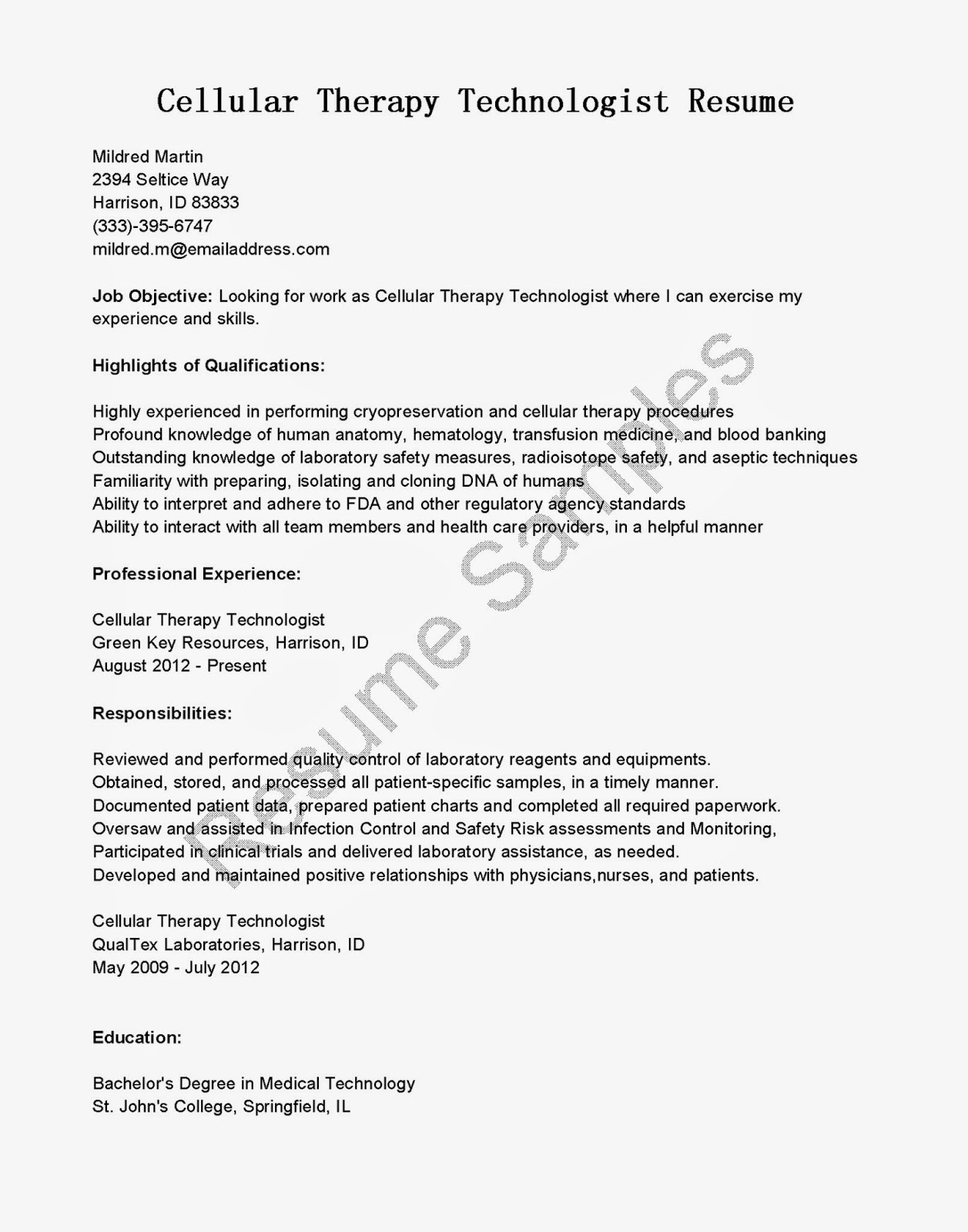 Resume Samples: Cellular Therapy Technologist Resume Sample