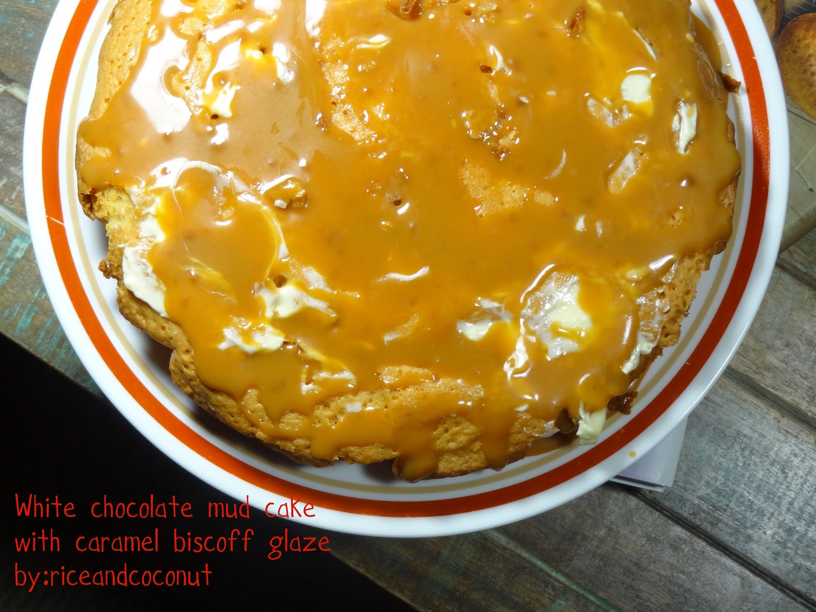 White chocolatte mud cake with caramel biscoff glaze