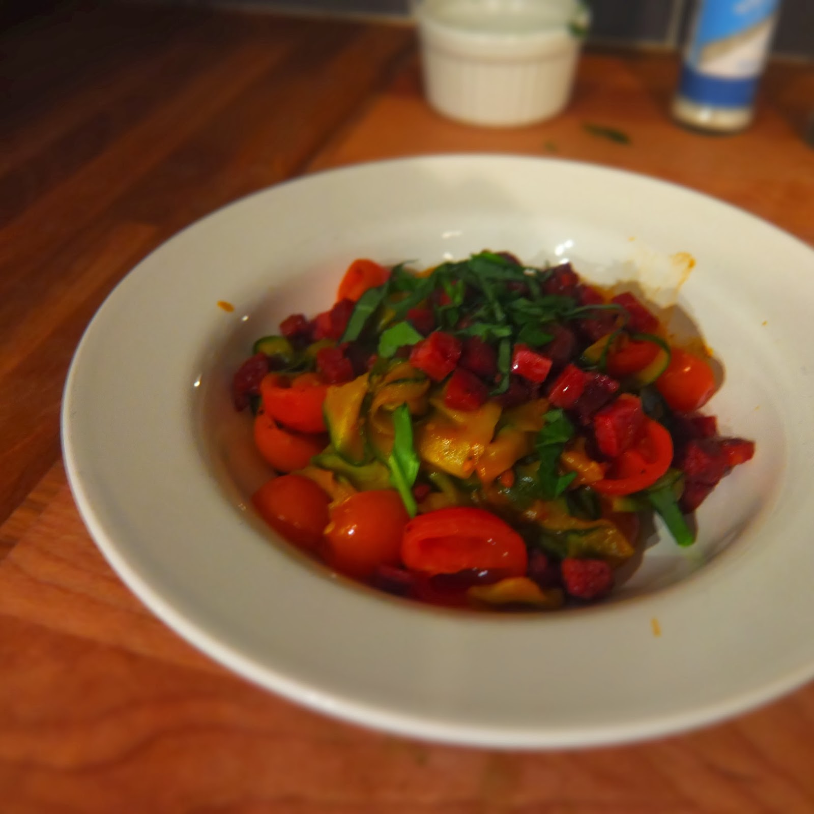 Hannah's Kitchen: Courgette Ribbons with Tomato and Chorizo Sauce