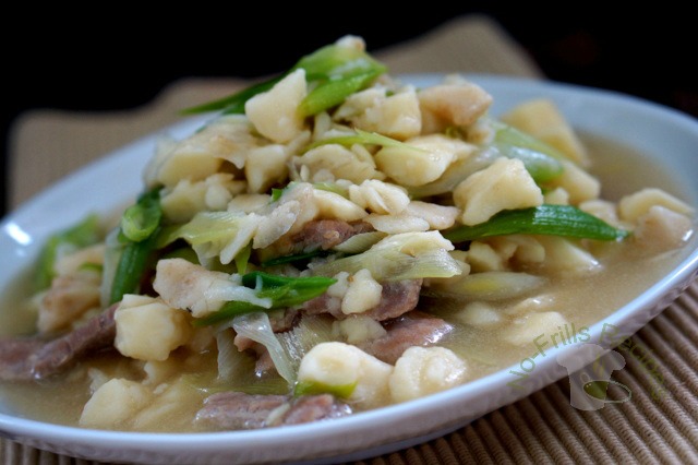 Stir-fry arrow head with leek and pork fillet ~ 慈菇大葱炒肉片