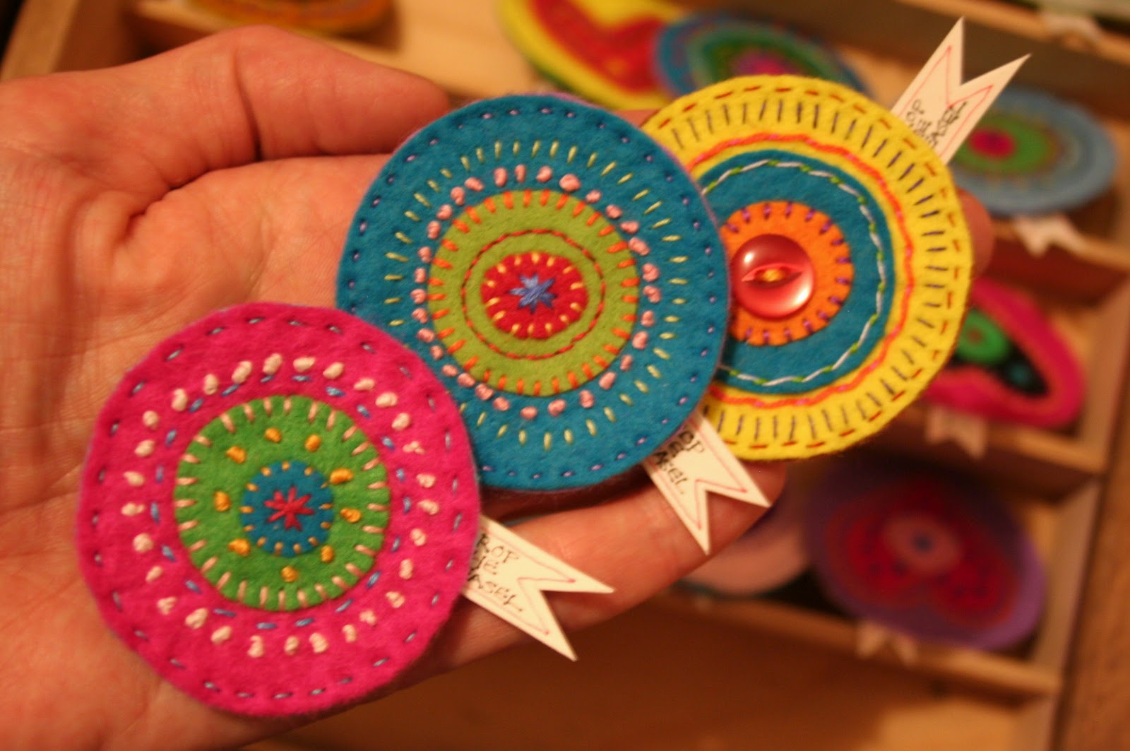 Felt circles transformed into pins.