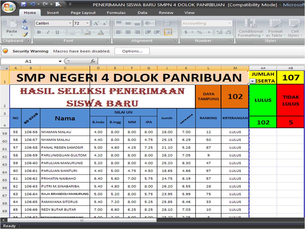 APLIKASI EXCEL UNTUK SEKOLAH: APLIKASI PENERIMAAN SISWA BARU