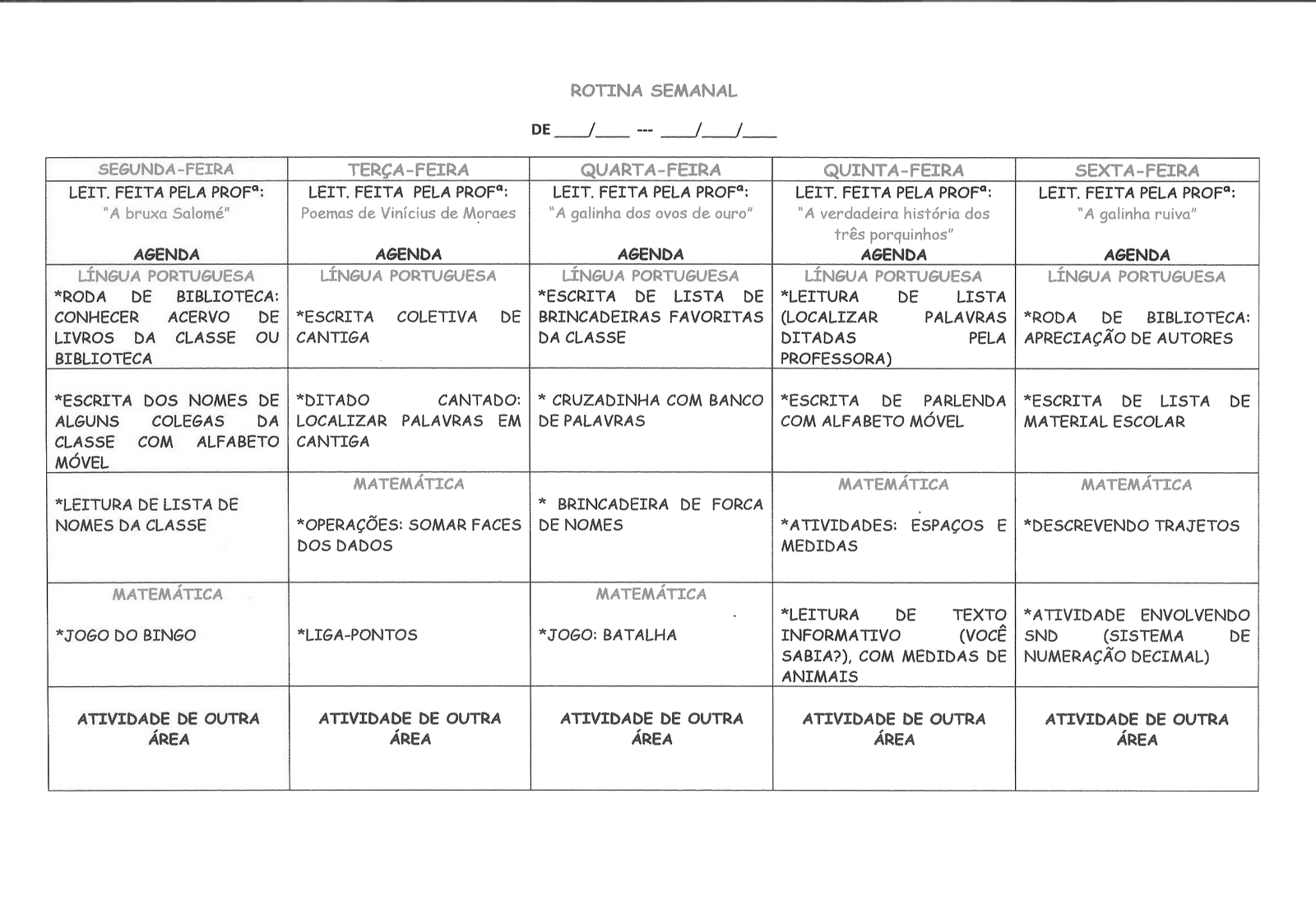 ROTINA SEMANAL SÉRIES INICIAIS ENSINO FUNDAMENTAL ~ estante da atividade