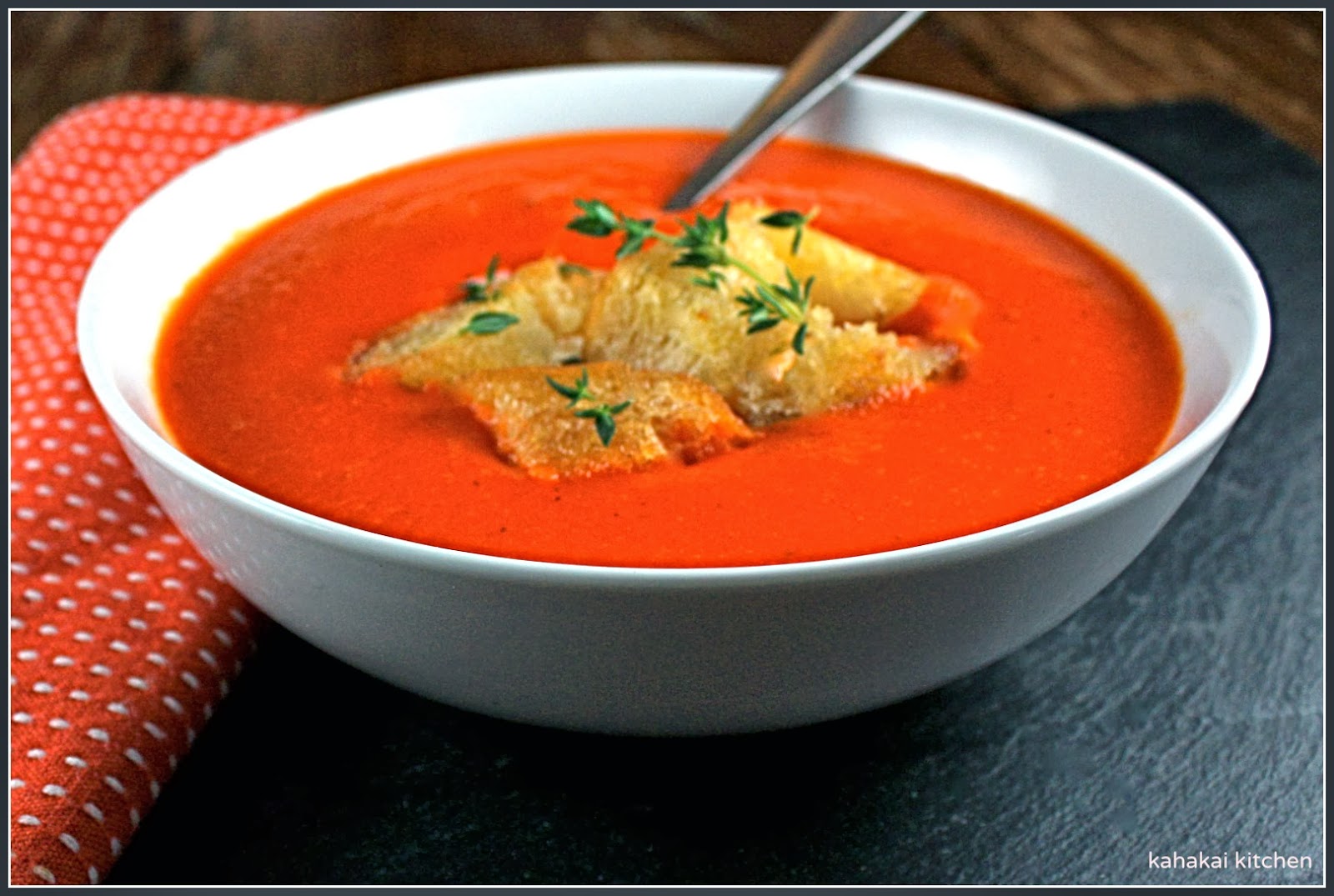 Kahakai Kitchen: Creamy Red Pepper Soup with Labneh & Thyme Croutons ...