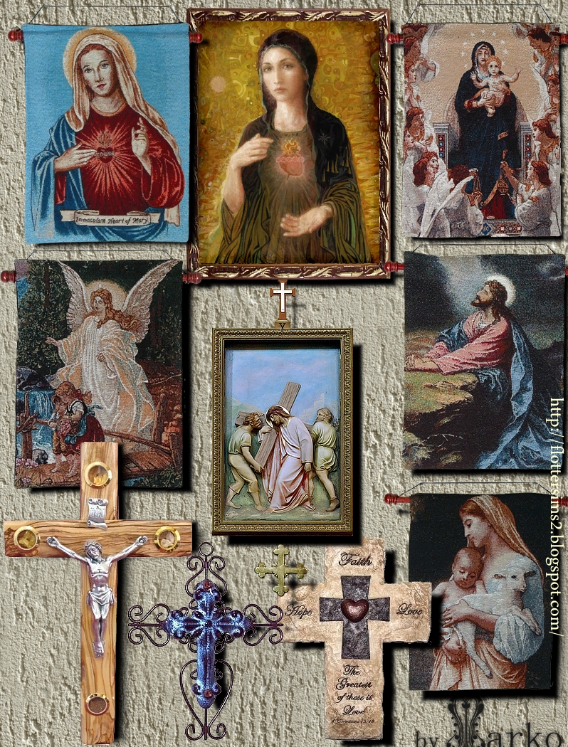 Flotteur: Catholic religious paintings and crucifixes on the wall