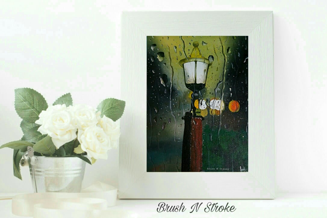 Acrylic Painting: Lamp post in the rain (Original) | Shopby.in