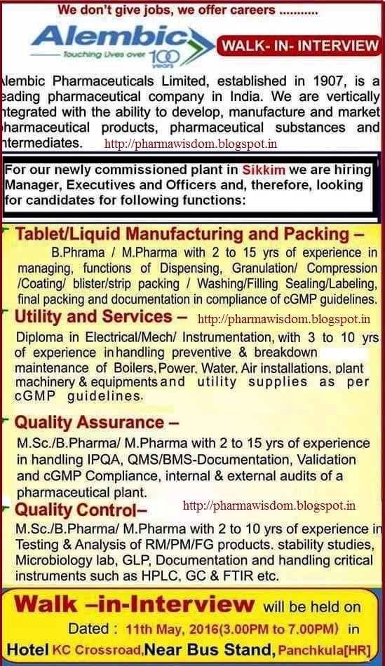 Alembic Pharmaceuticals Limited Walk-In Interview on 11th May, 2016 ...