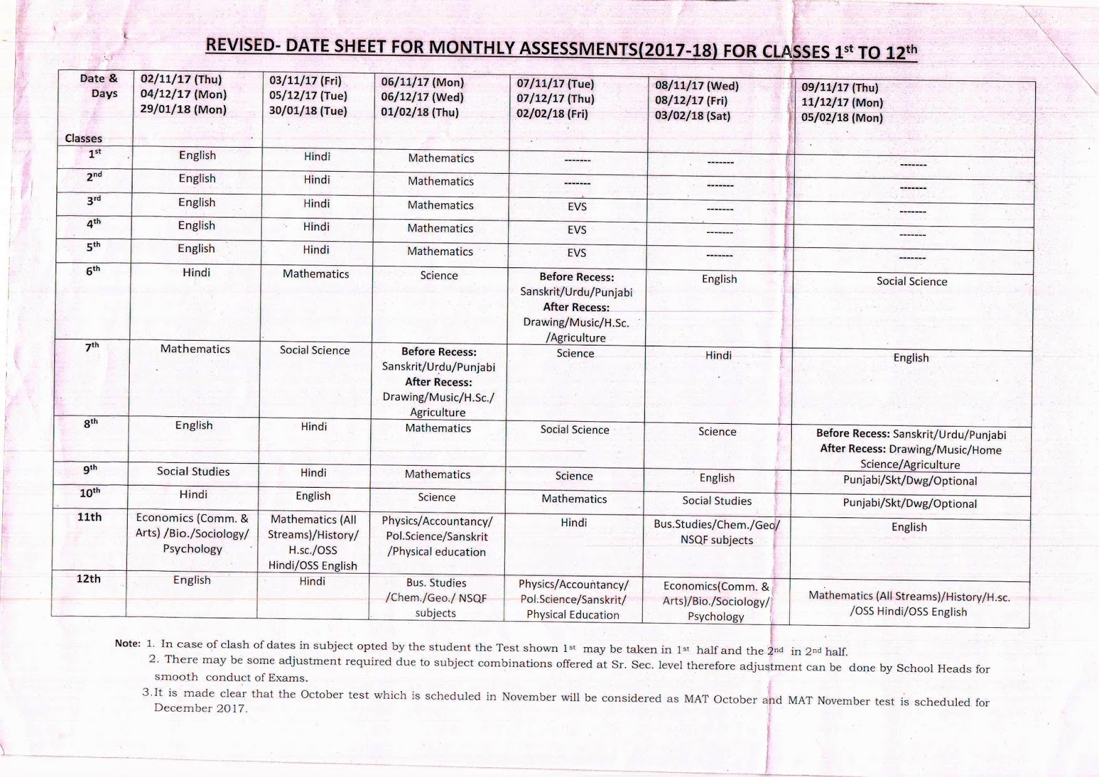 Monthly test, Half yearly test date sheet 1st to 8th & 9th to 12th Govt ...