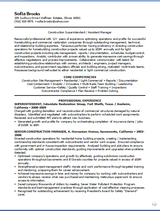 Construction Superintendent Assistant Manager Resume Format in Word ...