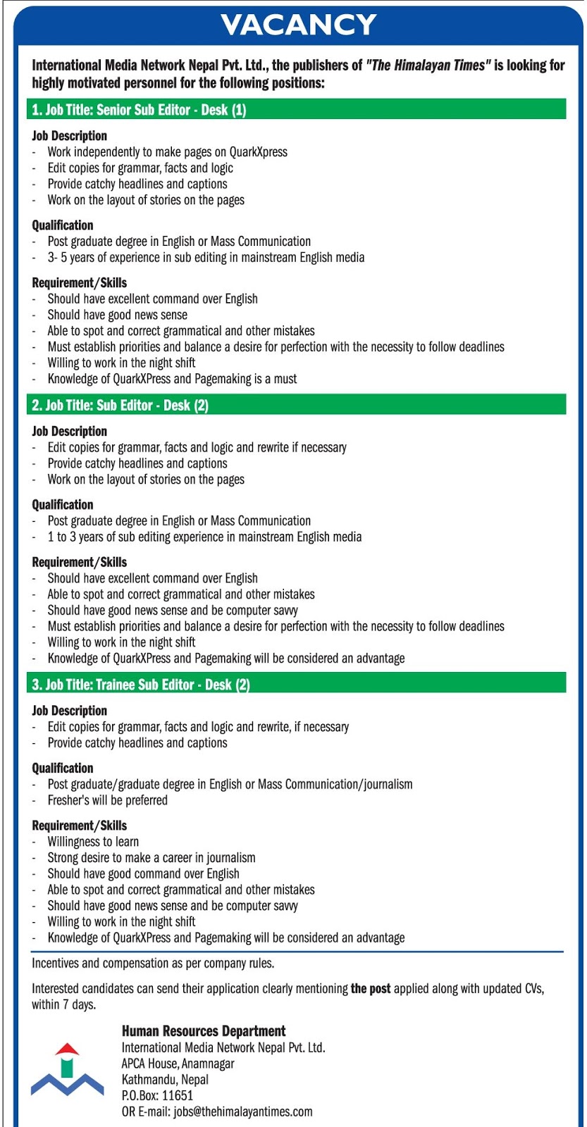 Job Vacancy The Himalayan Times Job in Kathmandu Valley | Cool Jobs Gulf