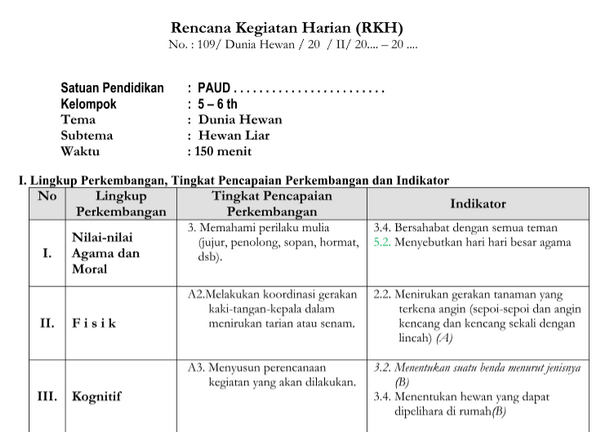 RKH PAUD 5-6 Tahun Tema Dunia Hewan Kurikulum 2013 - Administrasi PAUD
