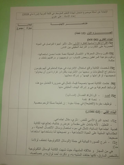 تصحيح نموذجي لموضوع مادة اللغة العربية شهادة التعليم المتوسط دورة ماي ...