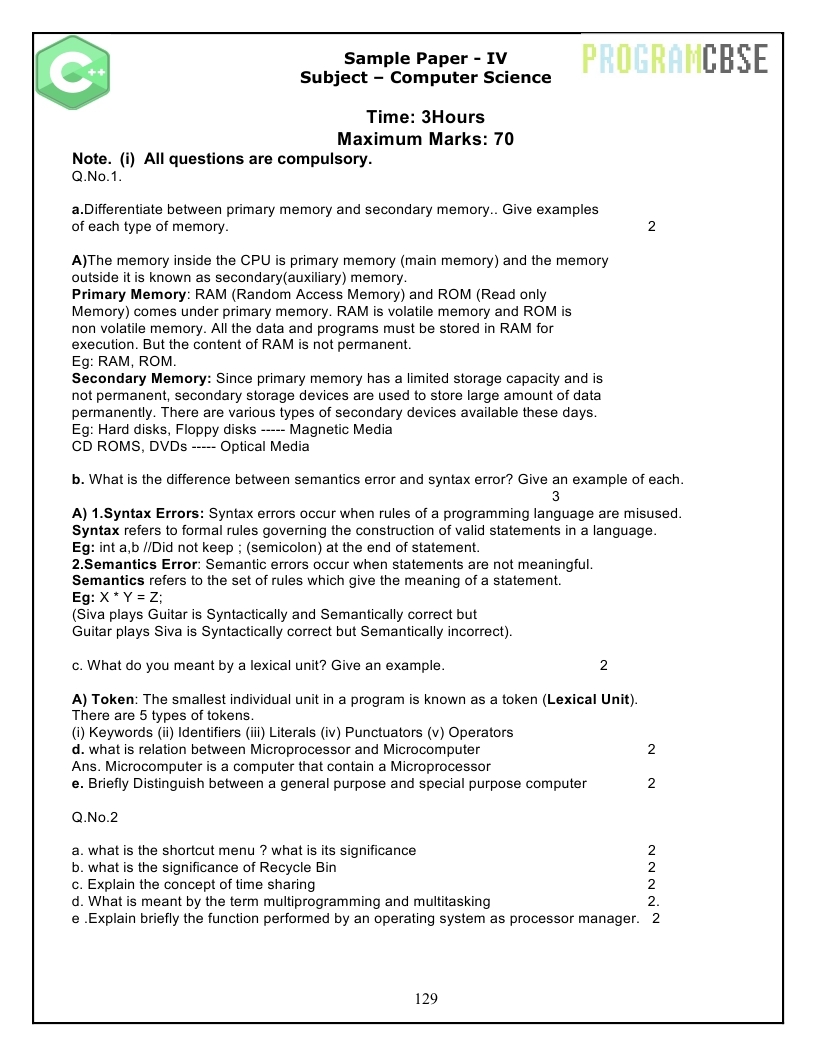 CS Sample Paper-IV-Solved - Welcome Programmer