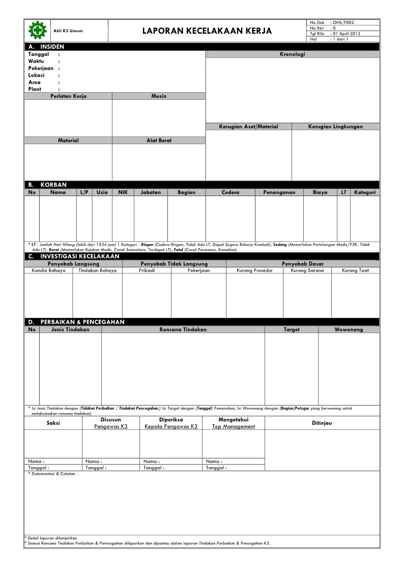 Form Laporan Kecelakaan Kerja / Insiden Kerja | Ahli K3 Umum