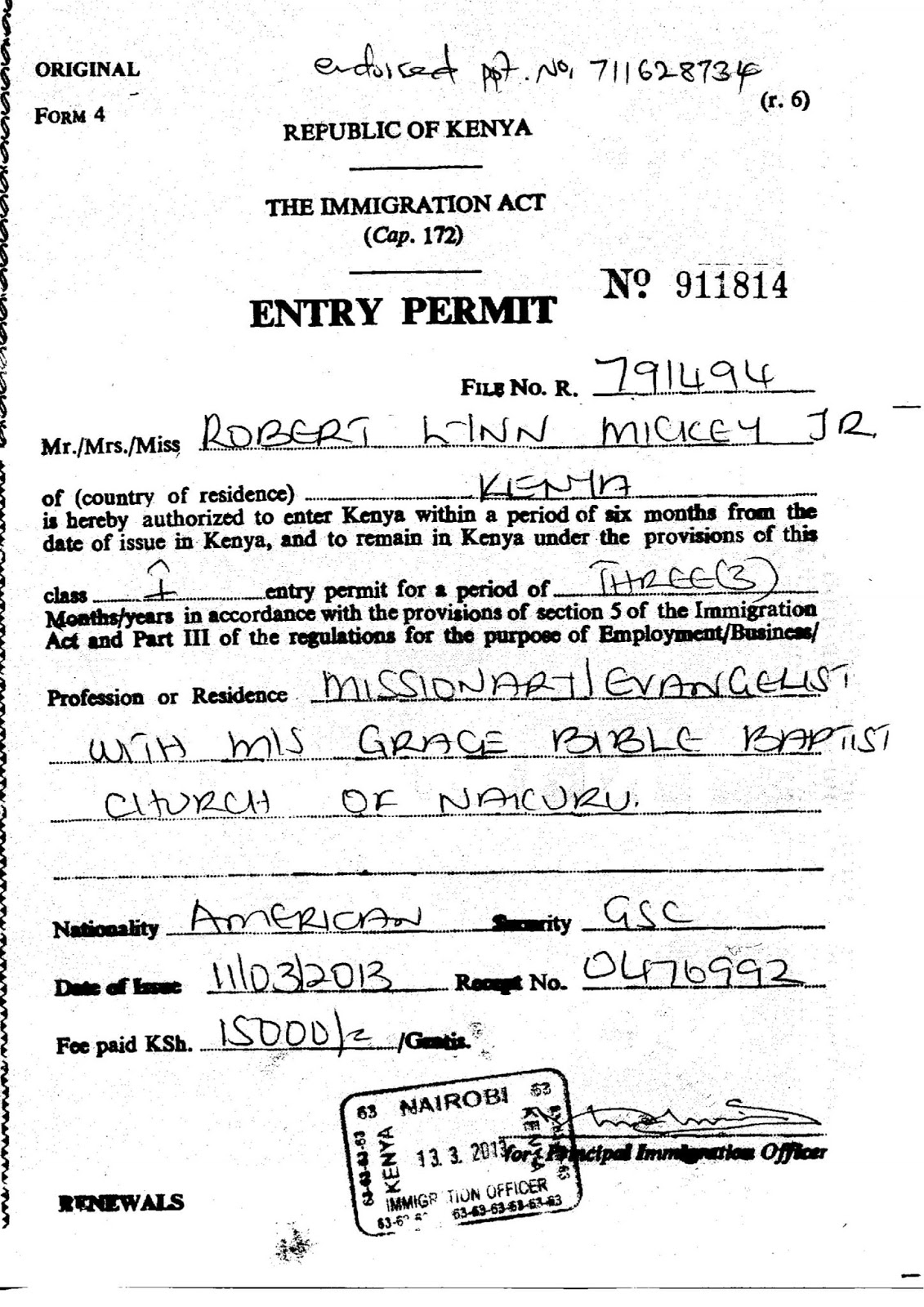 GRACE TO THE REGIONS BEYOND: NEW WORK PERMIT