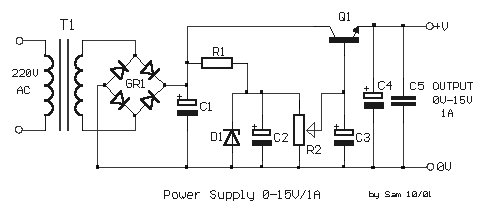 Simple 1A power supply with adjustable output of 0-15 volts ...