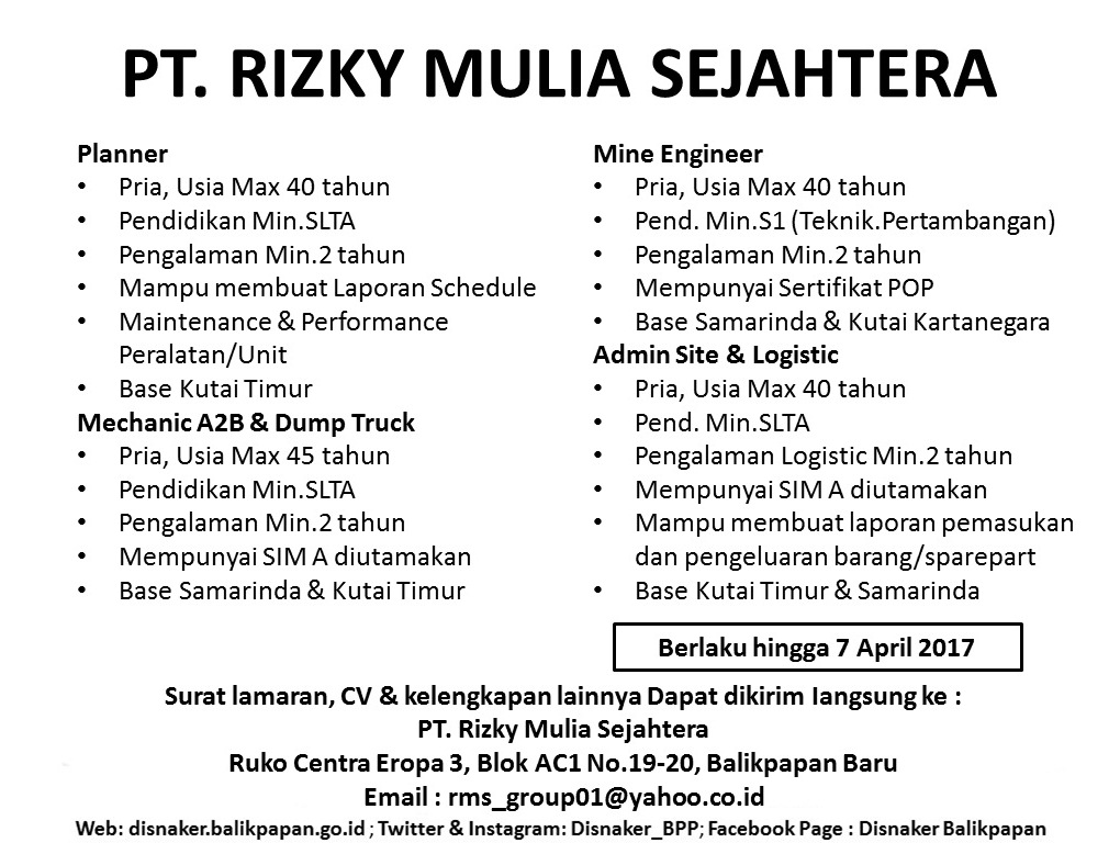 Lowongan Kerja Kota Balikpapan: Lowongan PT. RIZKY MULIA SEJAHTERA