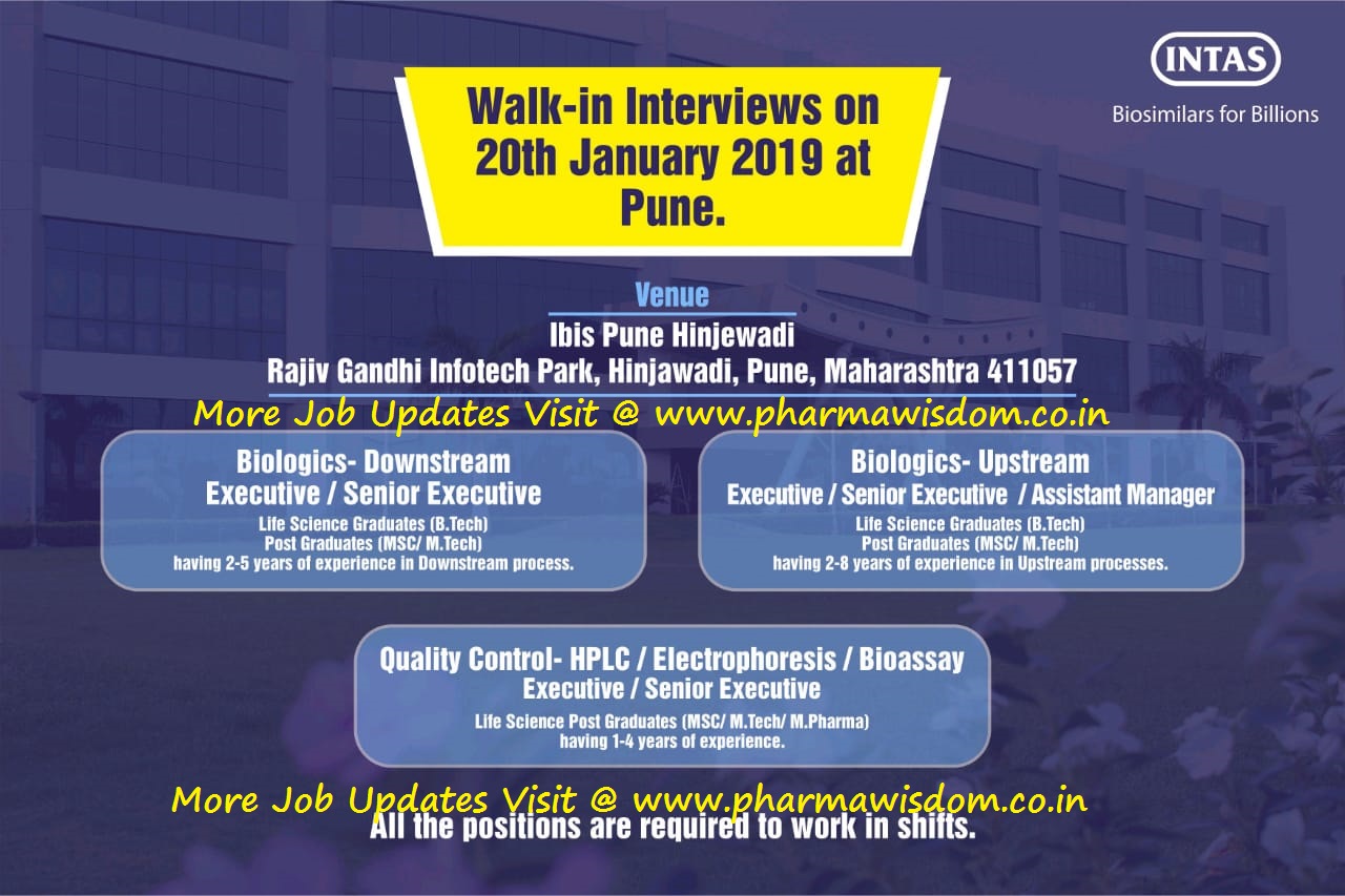Intas Pharma (Biopharma Division) - Walk-In Interviews for Multiple ...