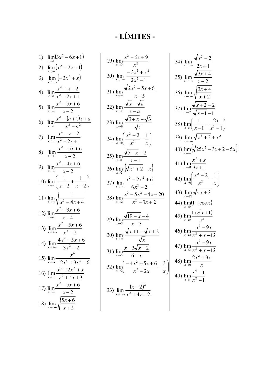 Matemáticas 1º Bachillerato CCSS: Ejercicios de límites de funciones