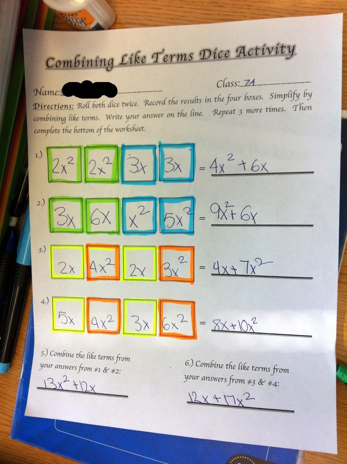 Combining Like Terms Dice Activity