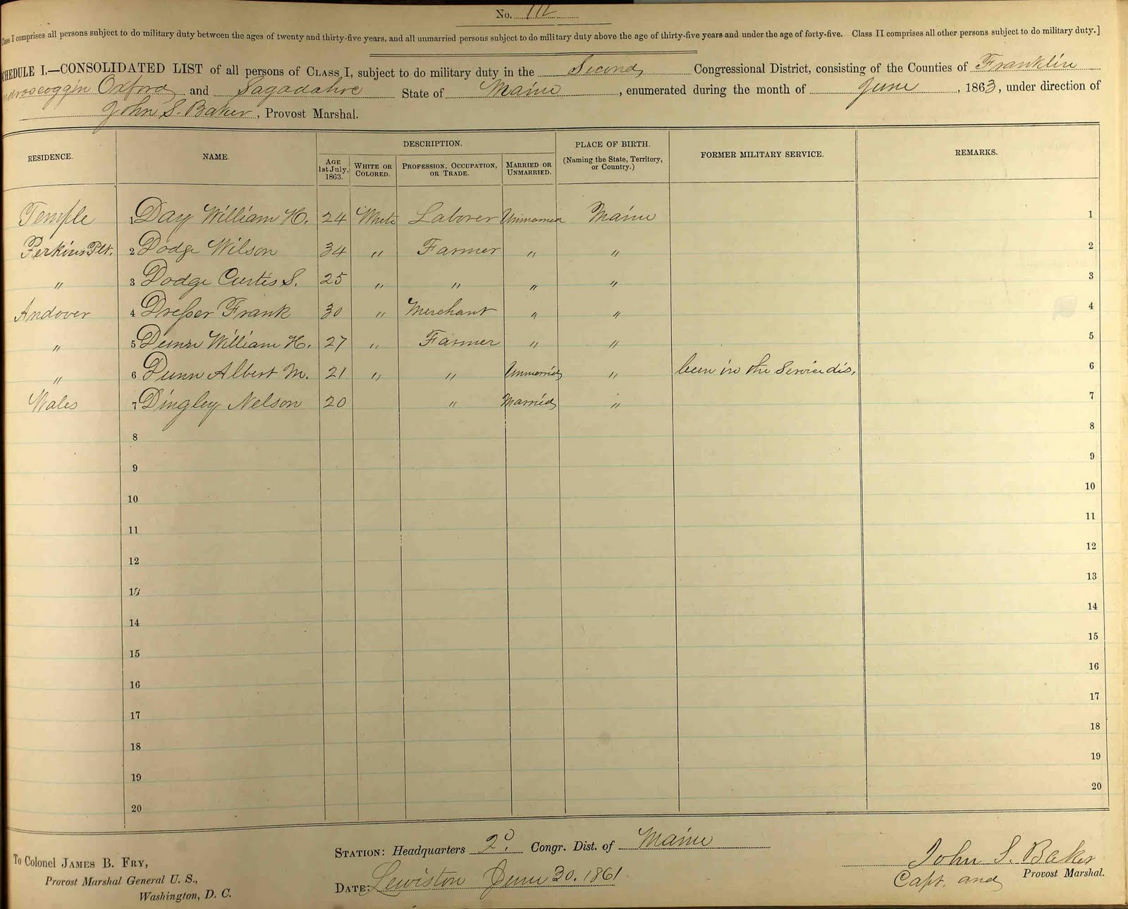 Dodge Family History: Civil War Draft Registrations - July 1, 1863