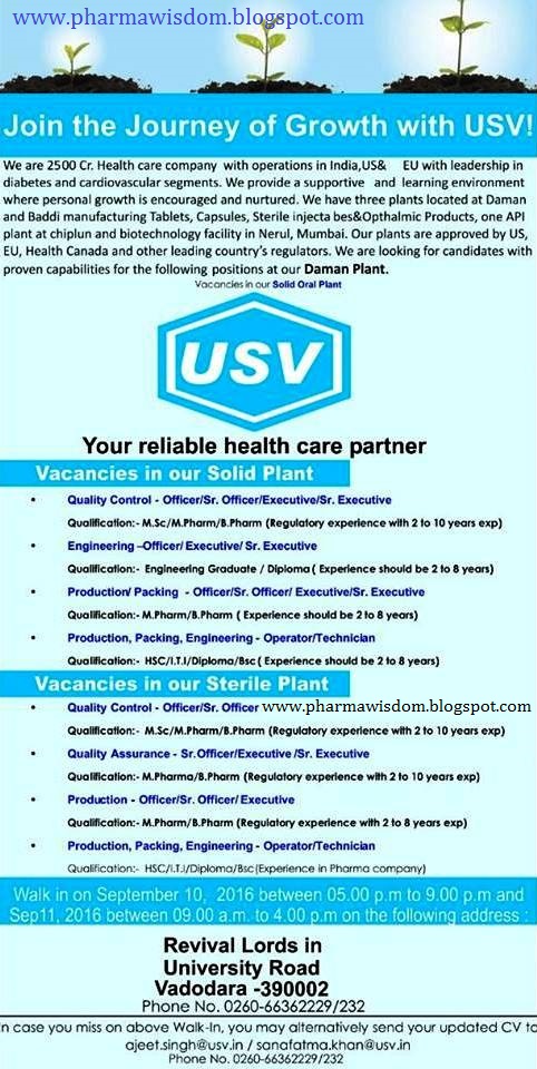 USV Private Limited - Walk-In Interview on 10th & 11th September, 2016 ...