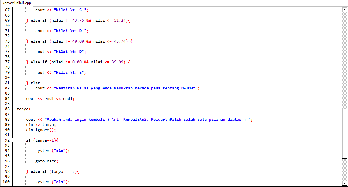 Program Konversi Nilai dari Angka ke Huruf dengan bahasa c++