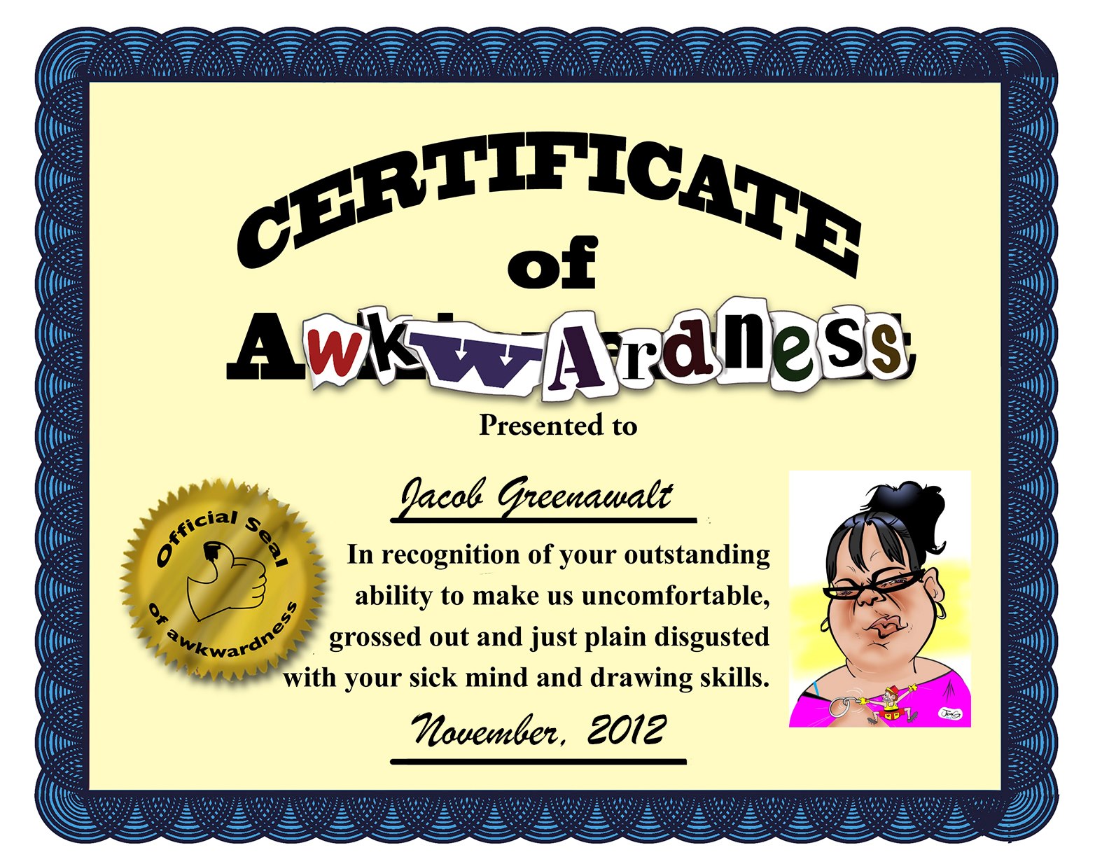 Whatever Jake Makes: 'Awkward Faces' Caricature Group Award Winner