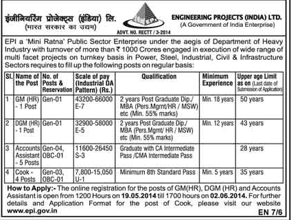 Engineering Projects (India) Ltd Recruitment 2014 Apply Online (Managers, Assistant, Cook)