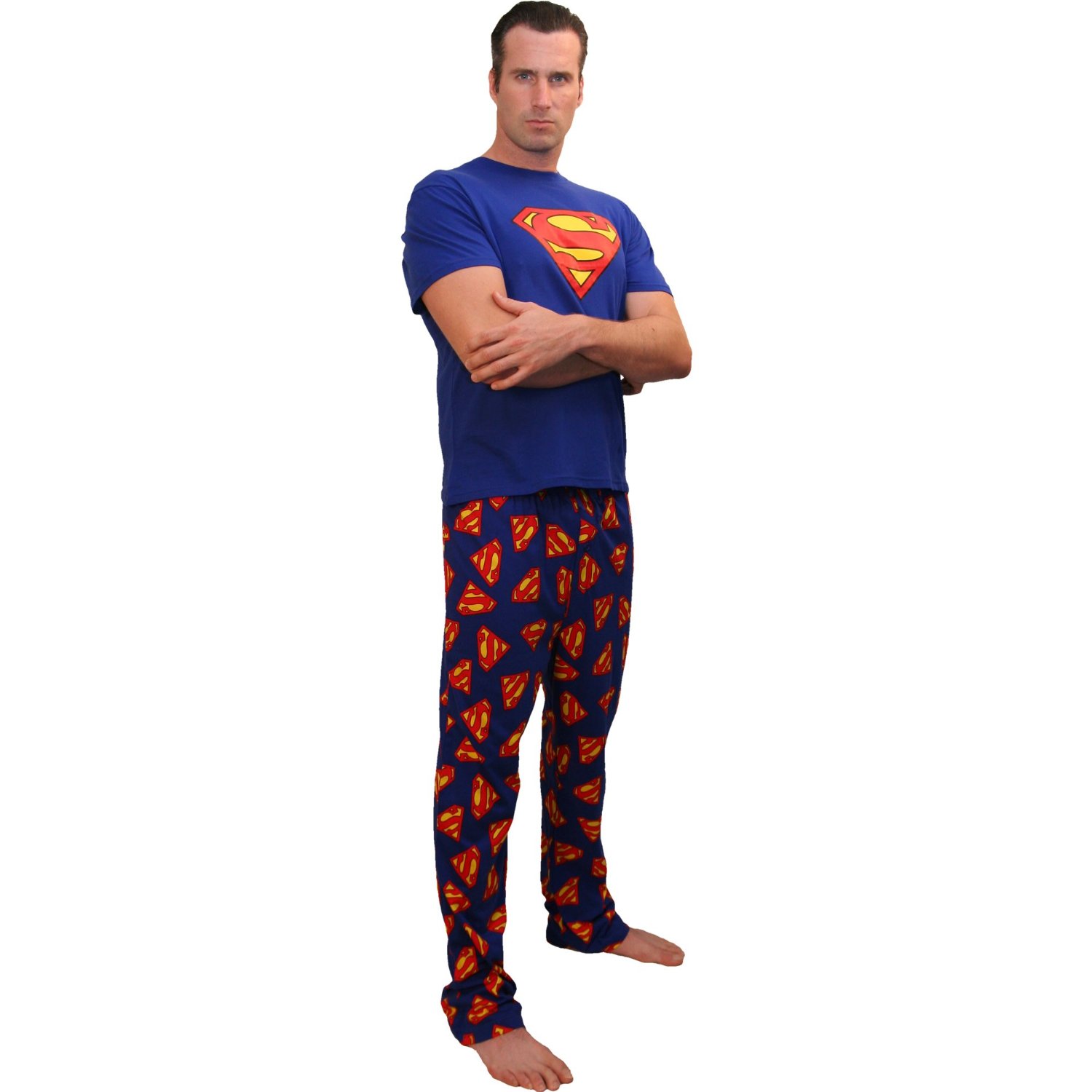 Q8DCStore: Classic "Superman" Men's short-sleeve, long leg pajamas in Blue